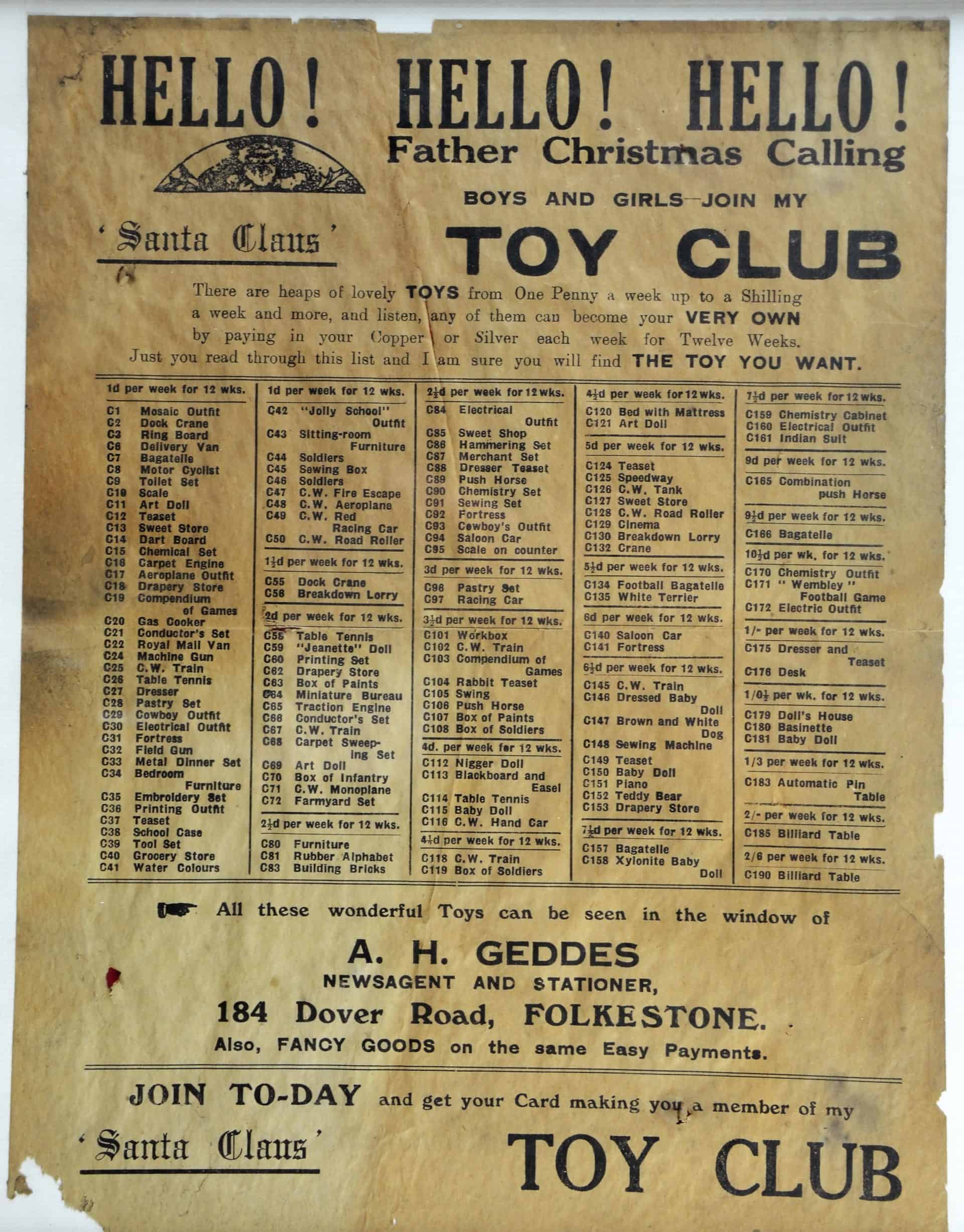 Advert for Santa Claus’ Toy Club - Folkestone Museum Learn with Objects