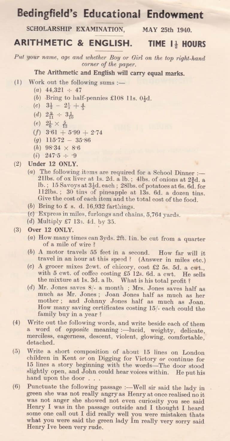 Exam paper - English and Arithmetic - Folkestone Museum Learn with Objects